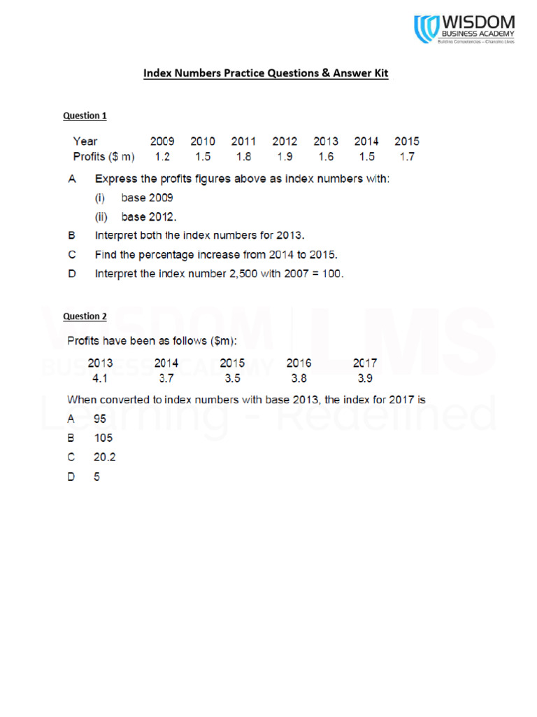 Index Numbers Practise Questions Kit | PDF