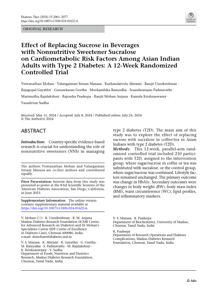 Effect of Replacing Sucrose in Beverages With Nonnutritive Sweetener ...