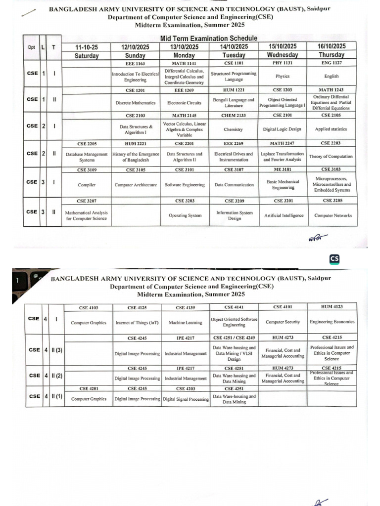 CSE Midterm Exam Schedule Summer 2025 | PDF