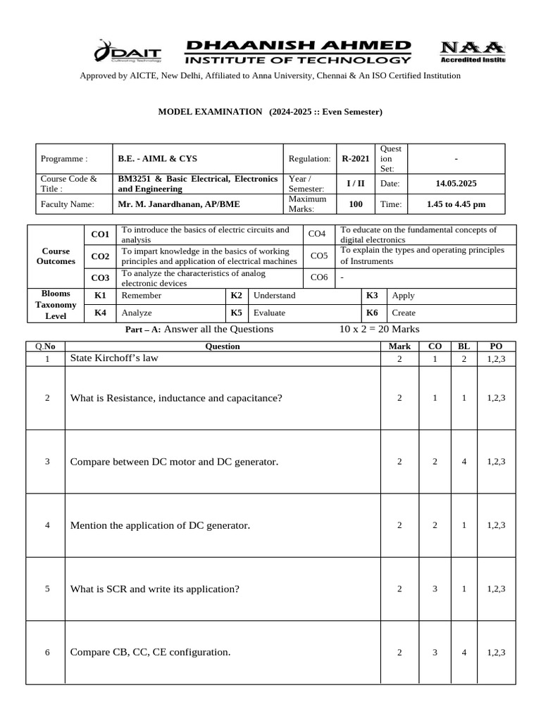 Model Question Paper BEEE | PDF | Mosfet | Electrical Network