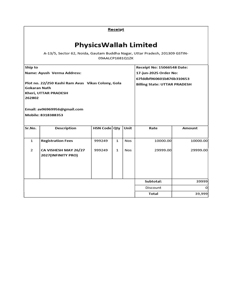 Ayush PW Batch Fee Payment | PDF