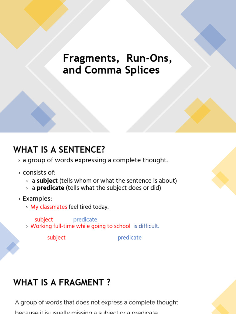 Fragments Run-On Sentences | PDF | Subject (Grammar) | Sentence ...