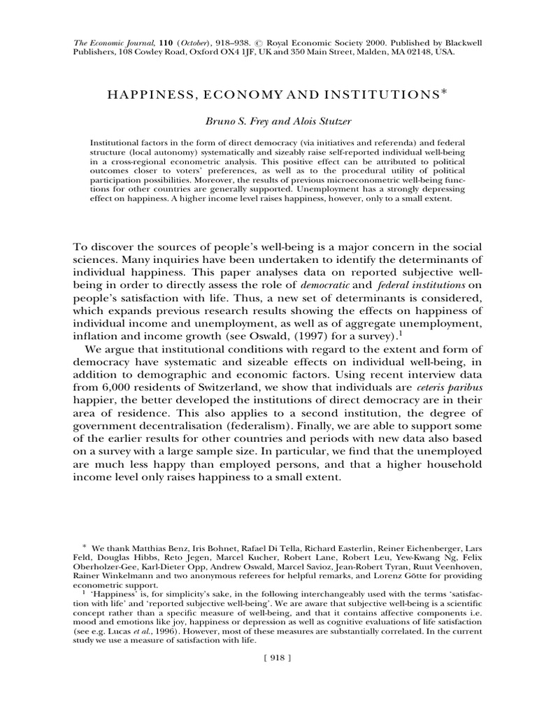 The Economic Journal - 2001 - Frey - Happiness Economy and Institutions ...