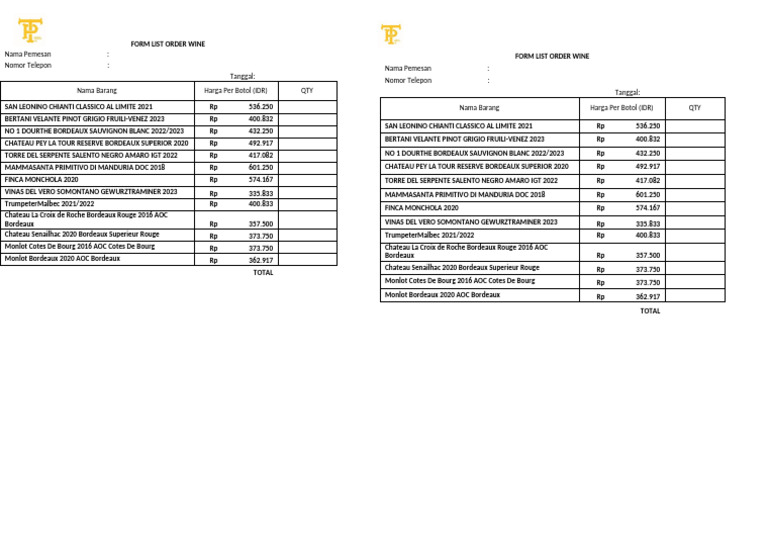 Form Order Wine Event TGL 1 | PDF | Wine Grape Varieties | Italian Wine