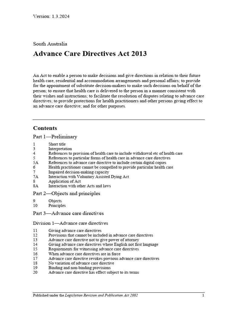 Advance Care Directives Act 2013 (SA) | PDF | Power Of Attorney ...