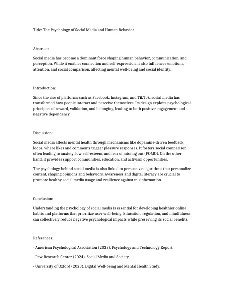 The Psychology of Social Media and Human Behavior | PDF