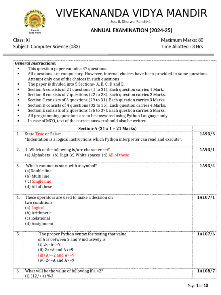 XI Computer Science Annual Exam Dr. Anjali Dutta | PDF | Control Flow ...