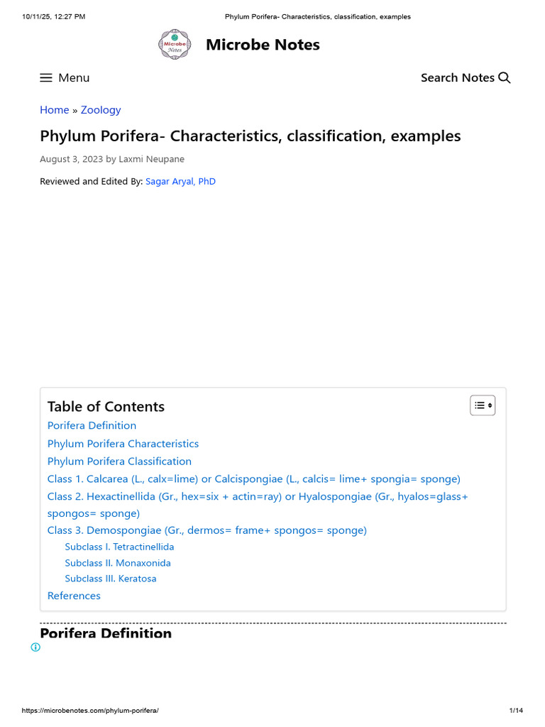Porifera: Traits, Classes, and Examples | PDF | Sponge | Biology