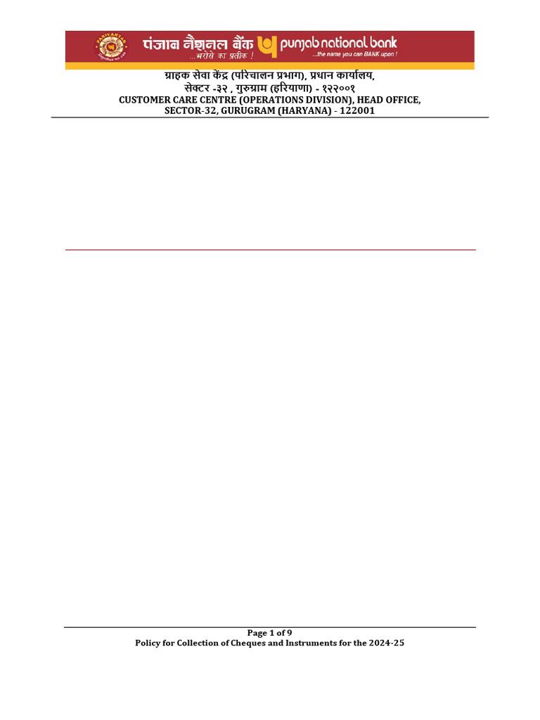Policy For Collection of Cheques and Instruments 2024-25 | PDF | Cheque | Payments