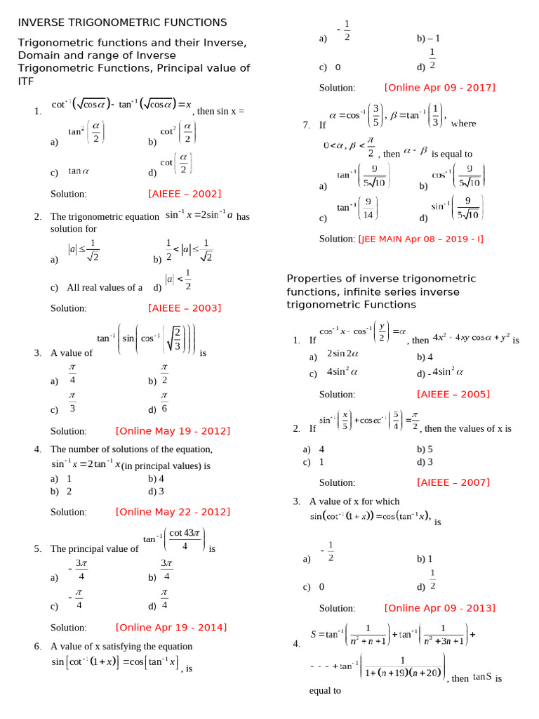 Inverse Trigonometric Functions Guide | PDF | Function (Mathematics ...