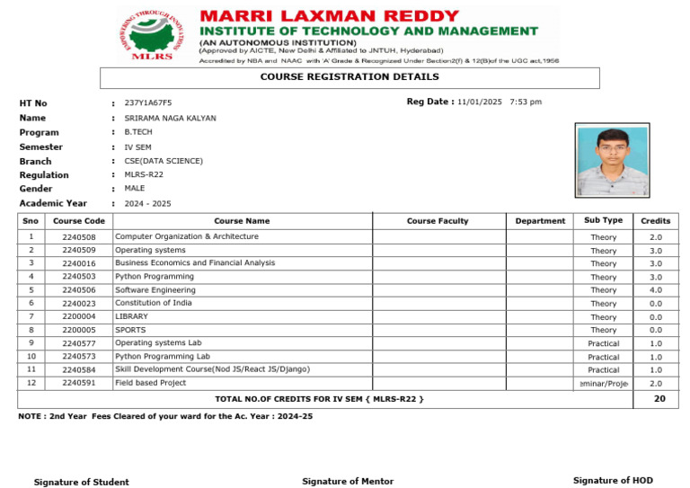 B.Tech IV Semester Course Registration Details | PDF | Science