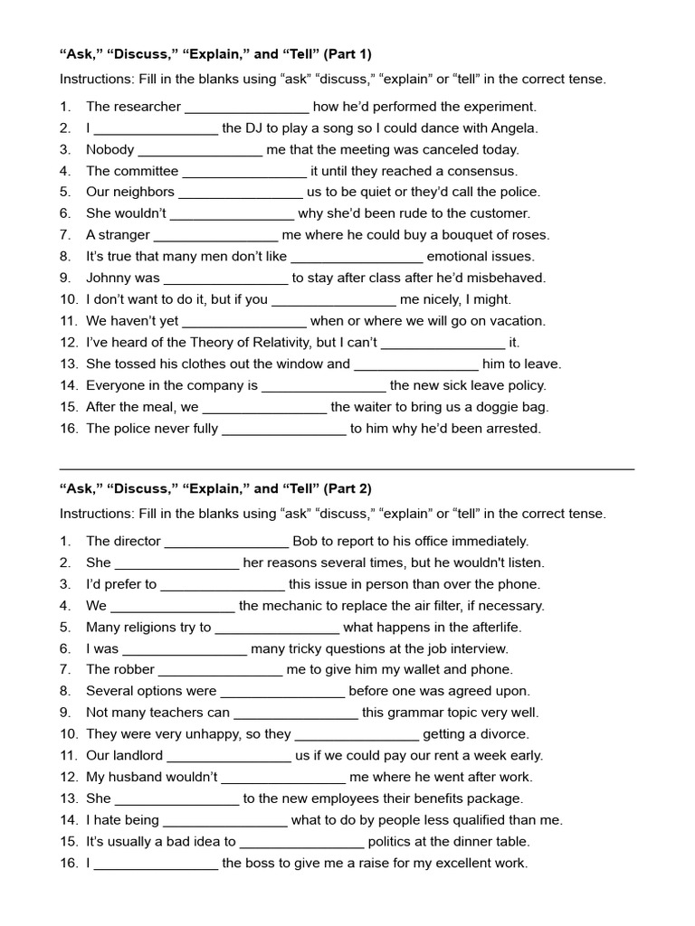 Verbs Ask, Discuss, Explain & Tell (Fillable) | PDF