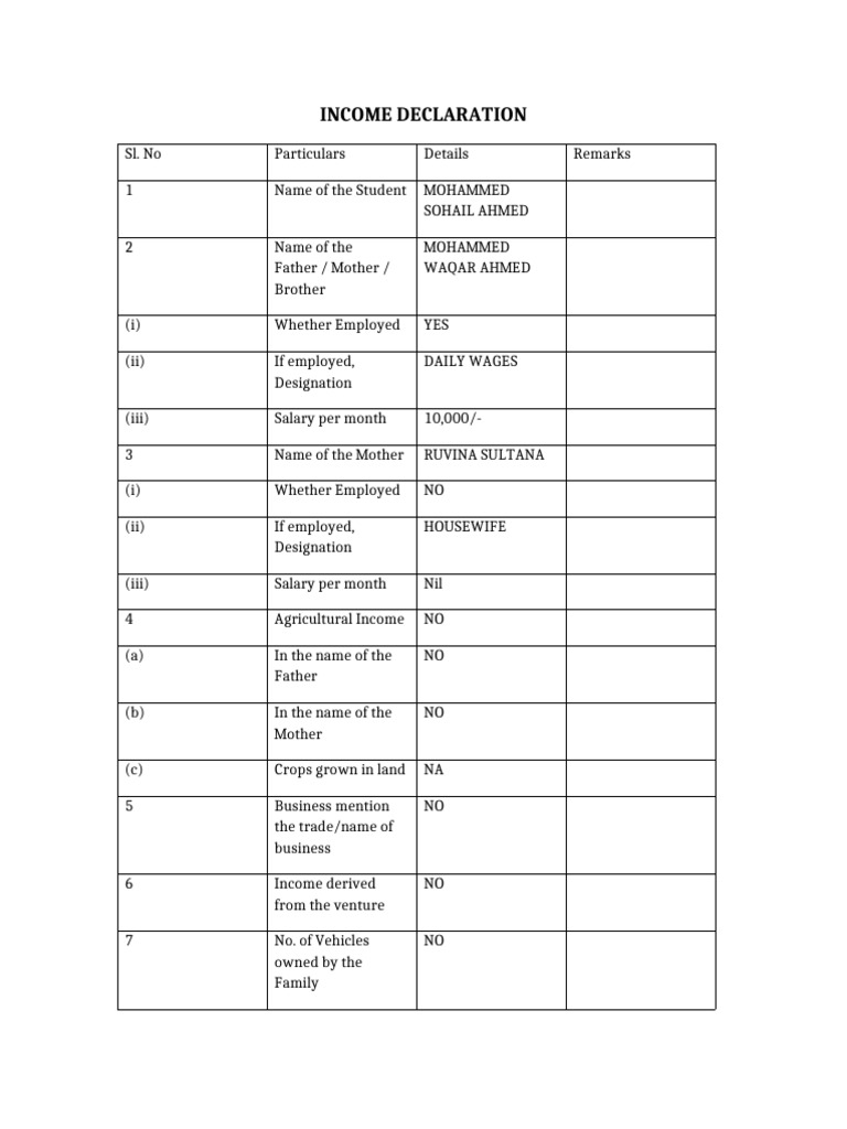 Student Income Declaration Form | PDF | Economies