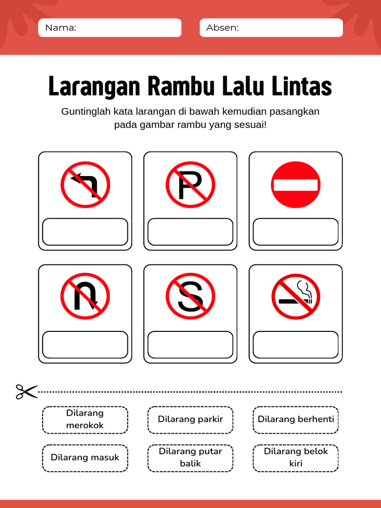 Lembar Kerja Memahami Larangan Rambu Lalu Lintas Merah Ilustrasi Lucu | PDF