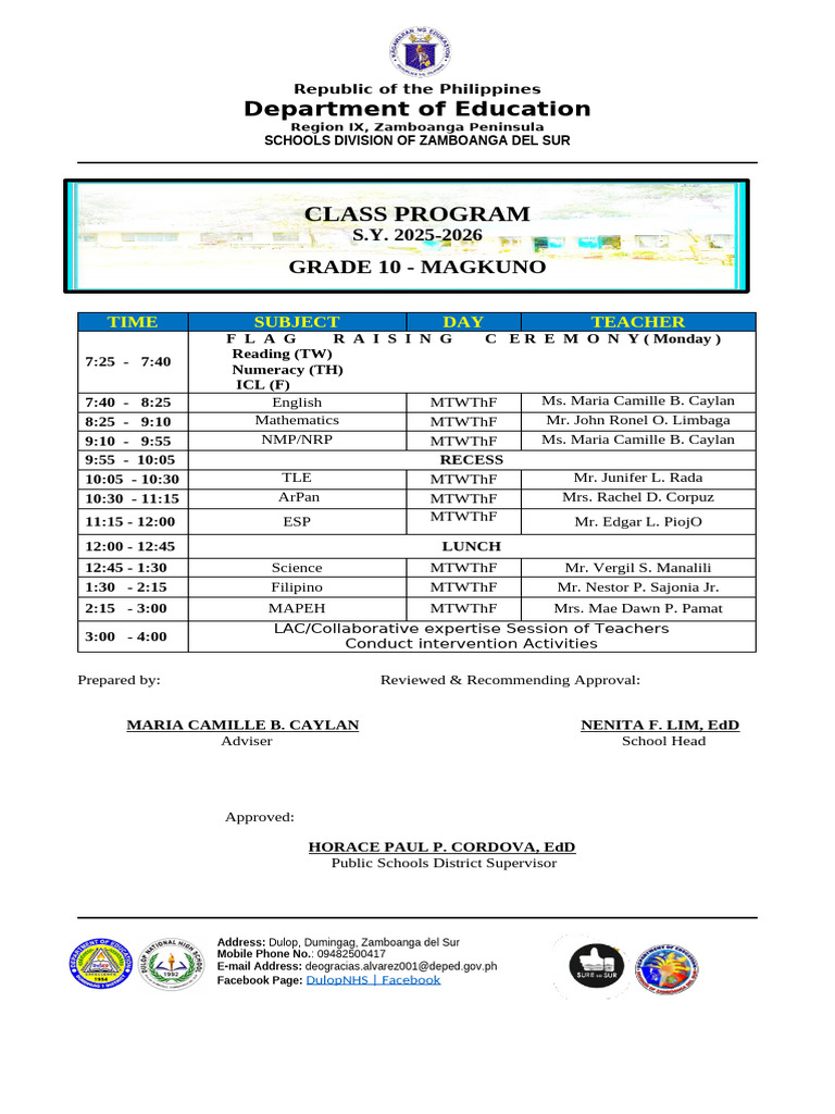 Class Program 2024 2025 - 015133 | PDF | Philippines