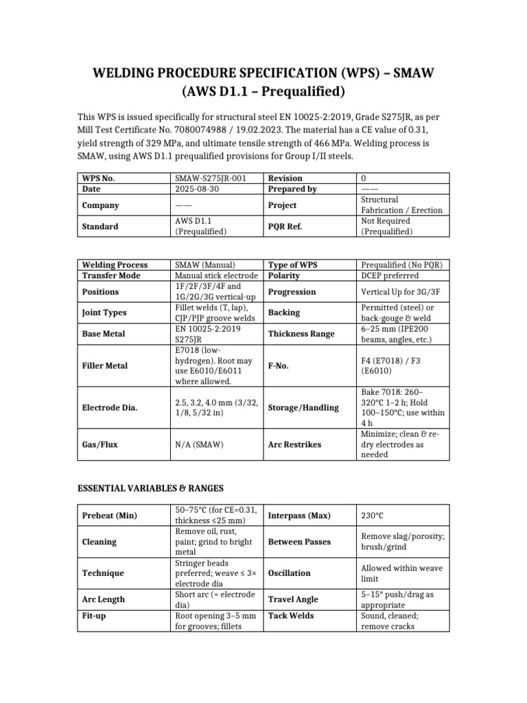 WPS Smaw Aws D11 S275JR Ipe200 | PDF | Welding | Construction