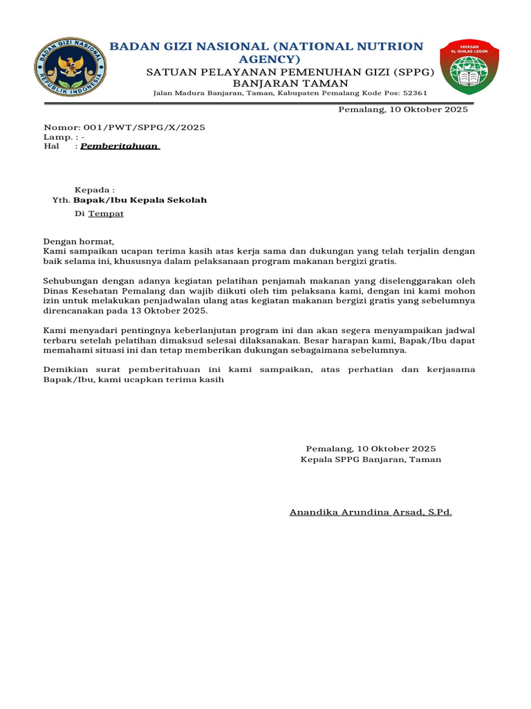 Surat Pemberitahuan Penundaan Mbg | PDF