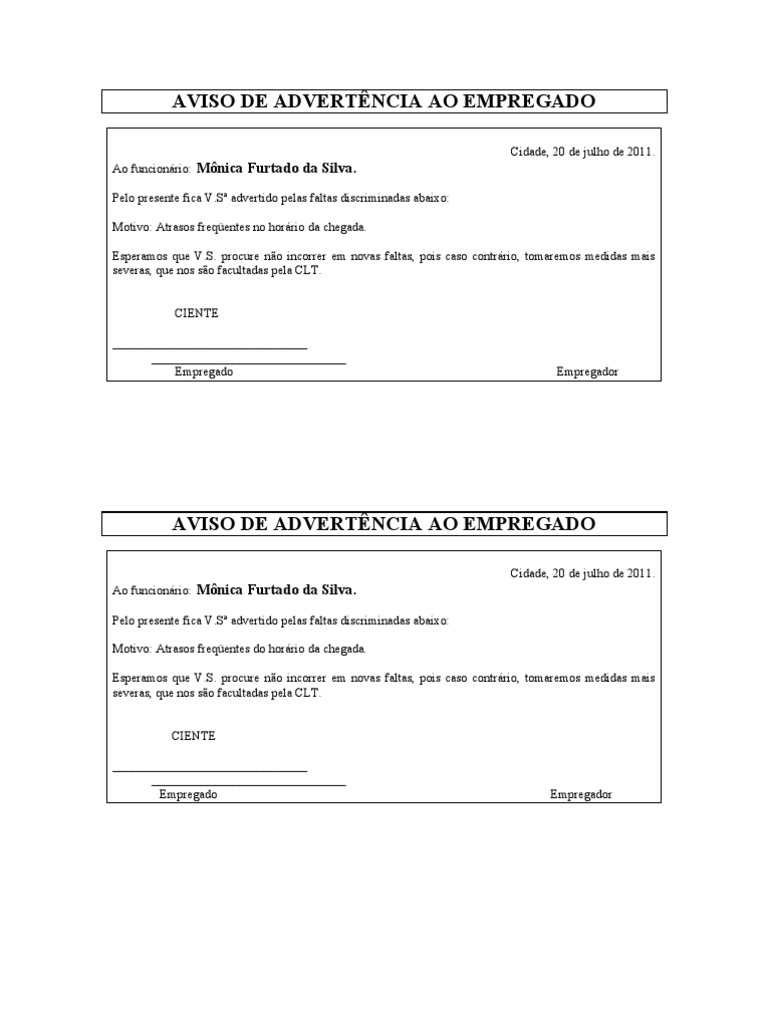 Modelo - Aviso de Advertência Ao Empregado | PDF