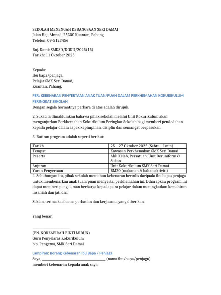 Surat Kebenaran Perkhemahan Peringkat Sekolah | PDF