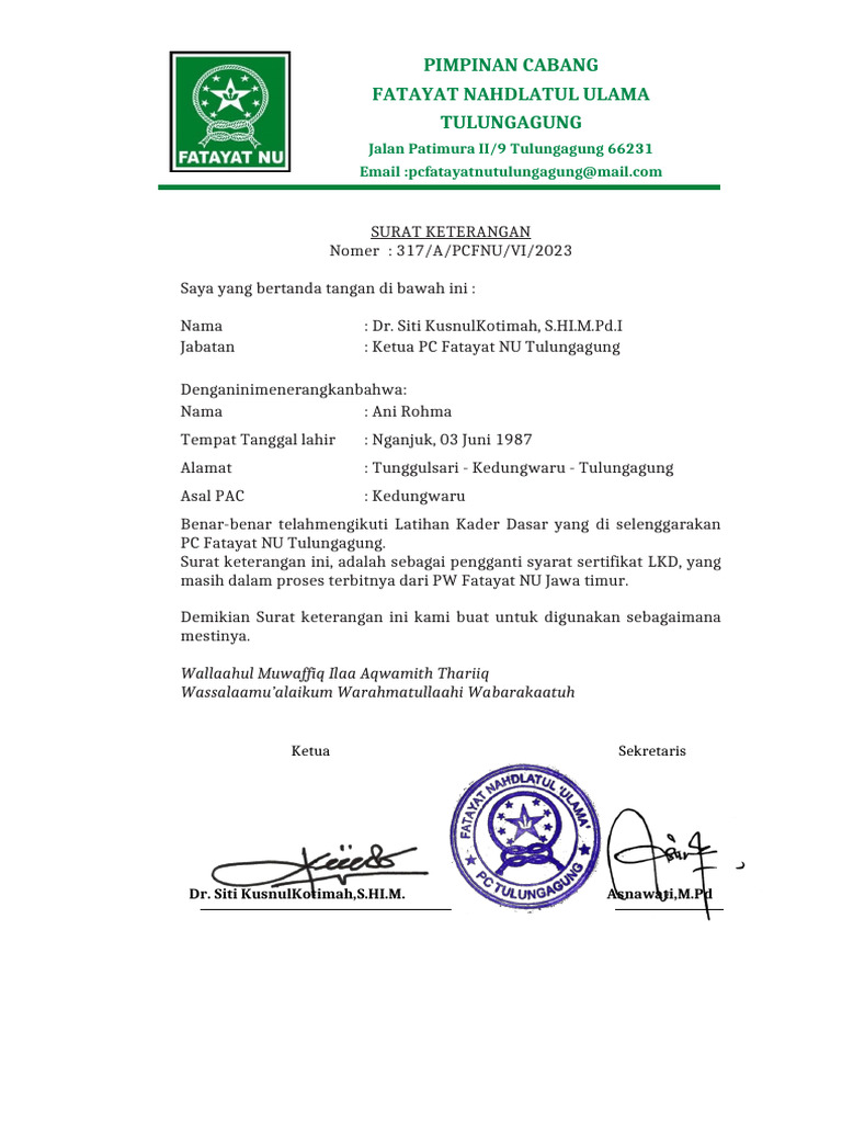 Surat Keterangan LKD Fatayat NU Tulungagung | PDF