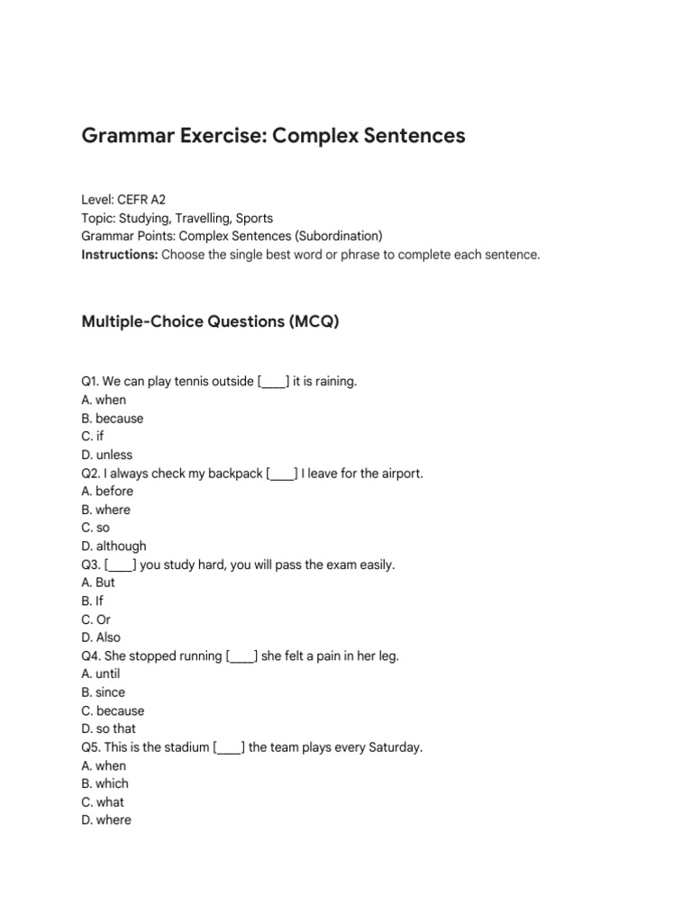 MCQ Complex Sentences | PDF