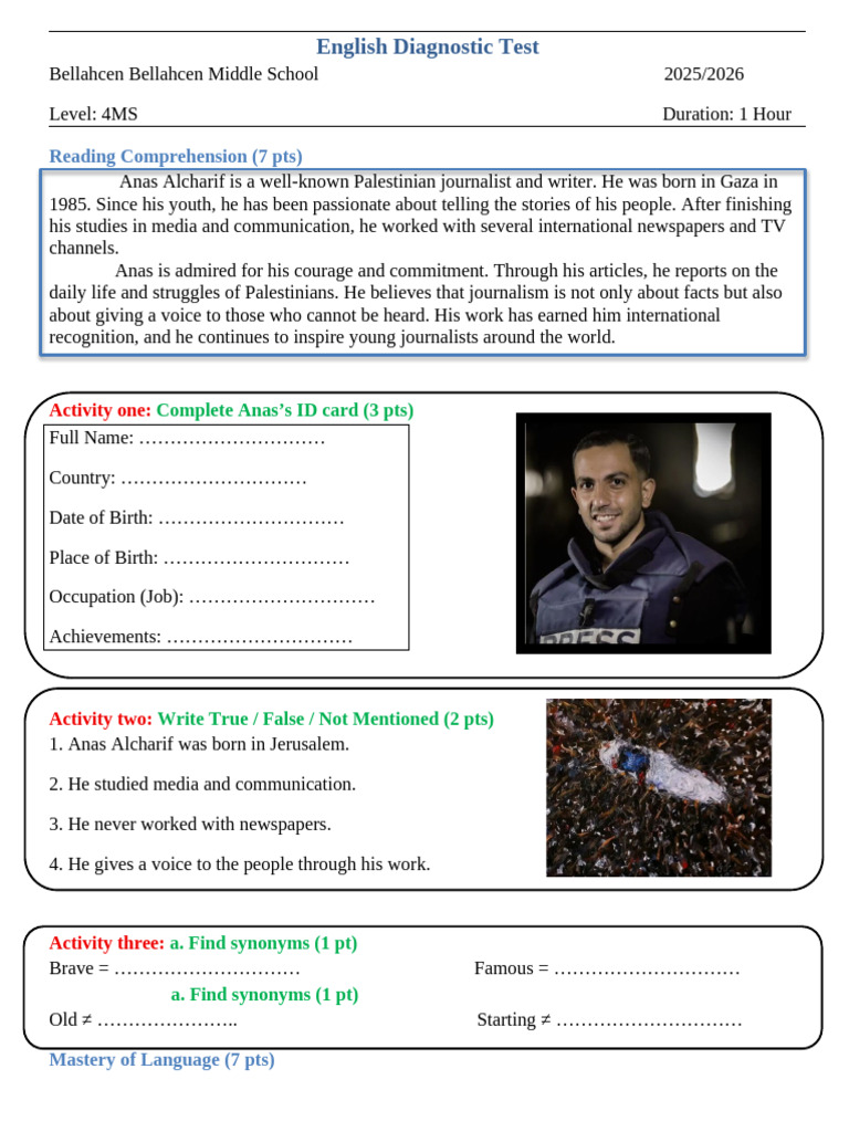 English Diagnostic Test for 4MS Students | PDF | Linguistics | Human ...