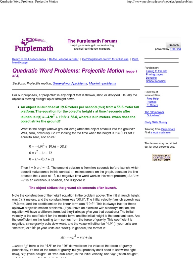 Quadratic Word Problems Projectile Motion Download Free Pdf