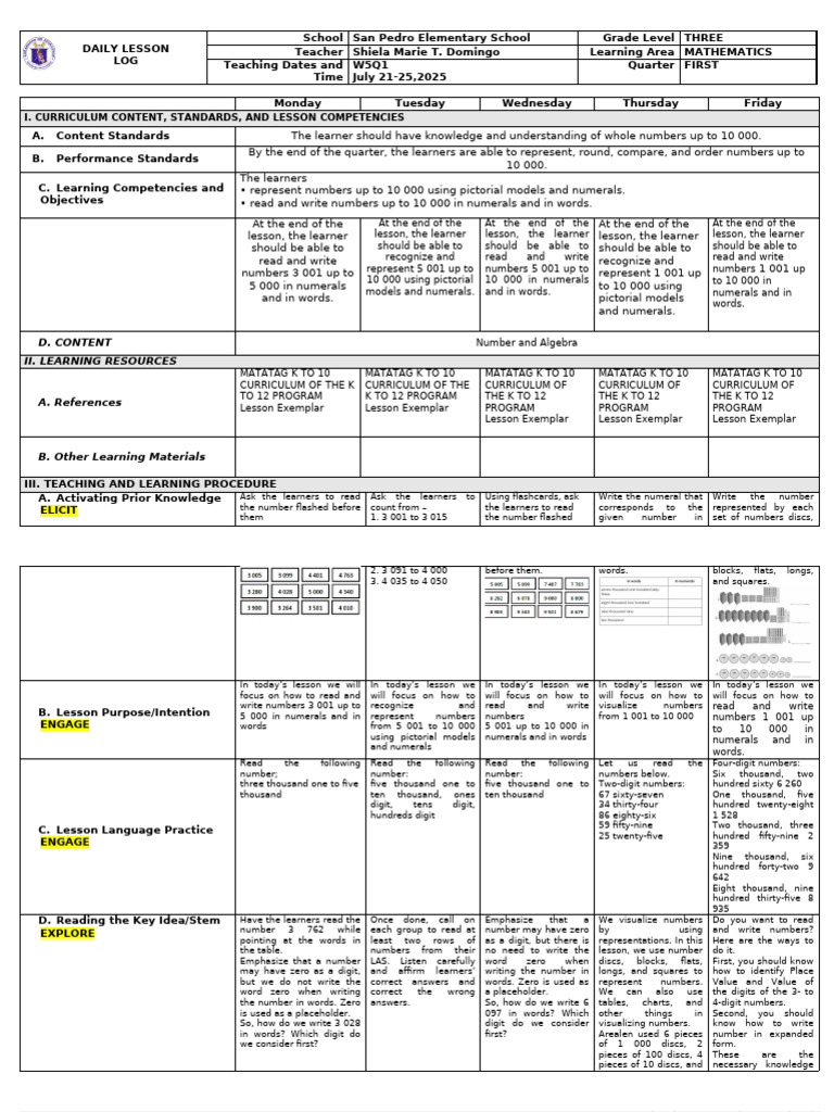 q1 Math-English DLL Week 5 New Template | PDF | Curriculum | Learning