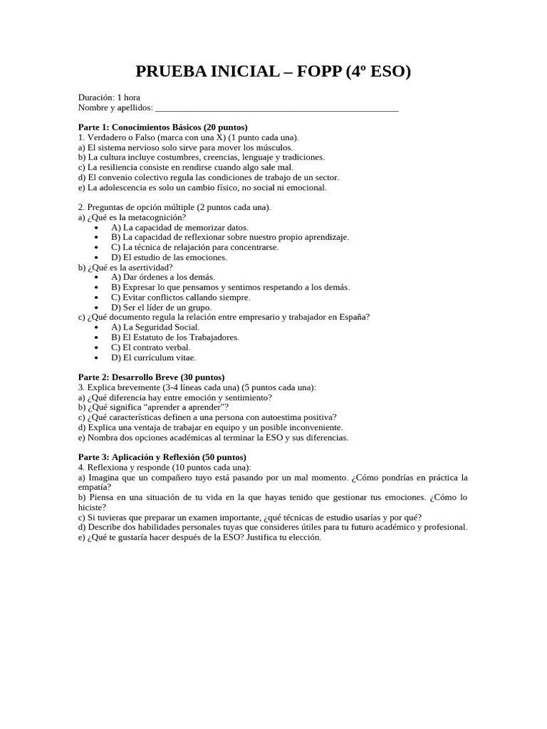 Prueba Inicial FOPP 4º ESO: Evaluación y Reflexión | PDF