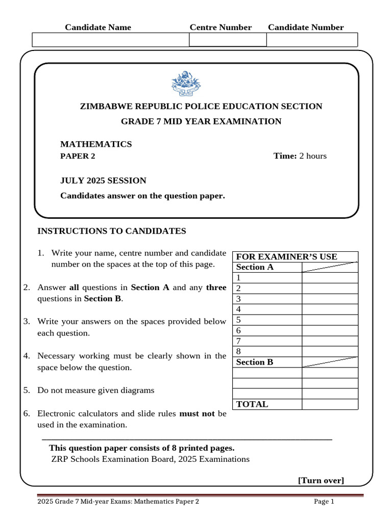 2025 Grade 7 Maths Paper 2 Exam | PDF | Area | Arithmetic