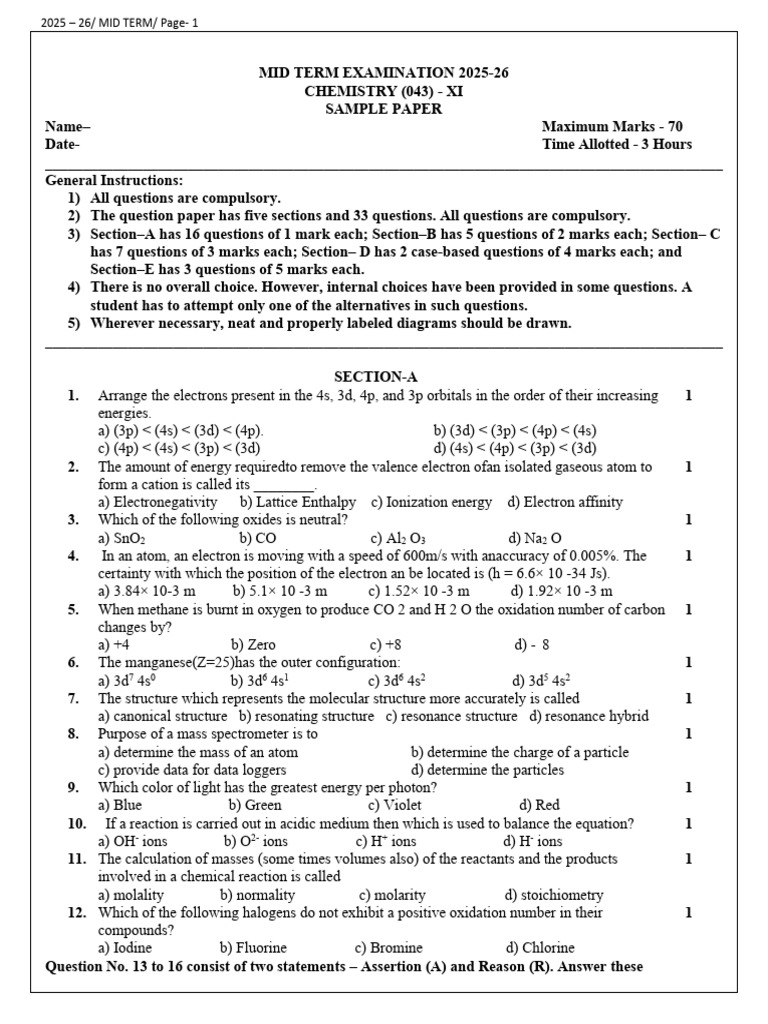 Chemistry Mid Term Sample Paper 2025-26 | PDF | Mole (Unit) | Physical ...