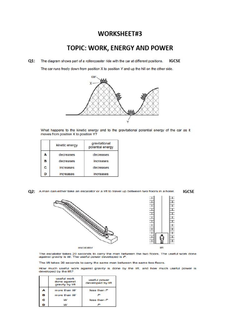Worksheet 3 Work, Energy and Power | PDF