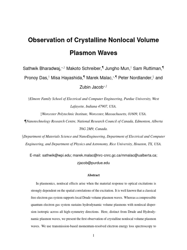 Observation of Crystalline Nonlocal Volume Plasmon Waves | PDF ...