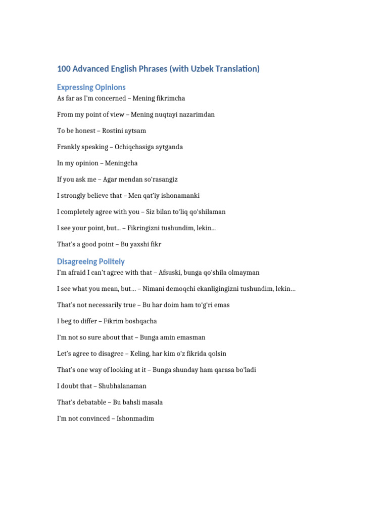Advanced English Phrases with Uzbek Translations | PDF