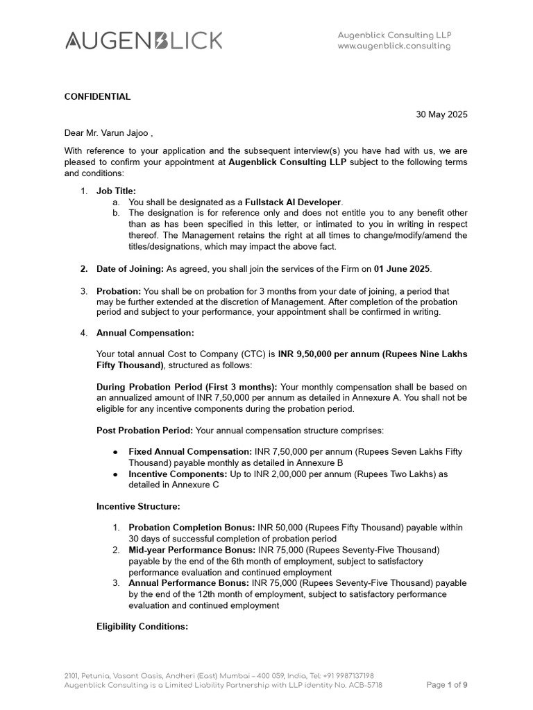 2025-05-31 - Augenblick Appointment Letter - Varun Jajoo | PDF ...