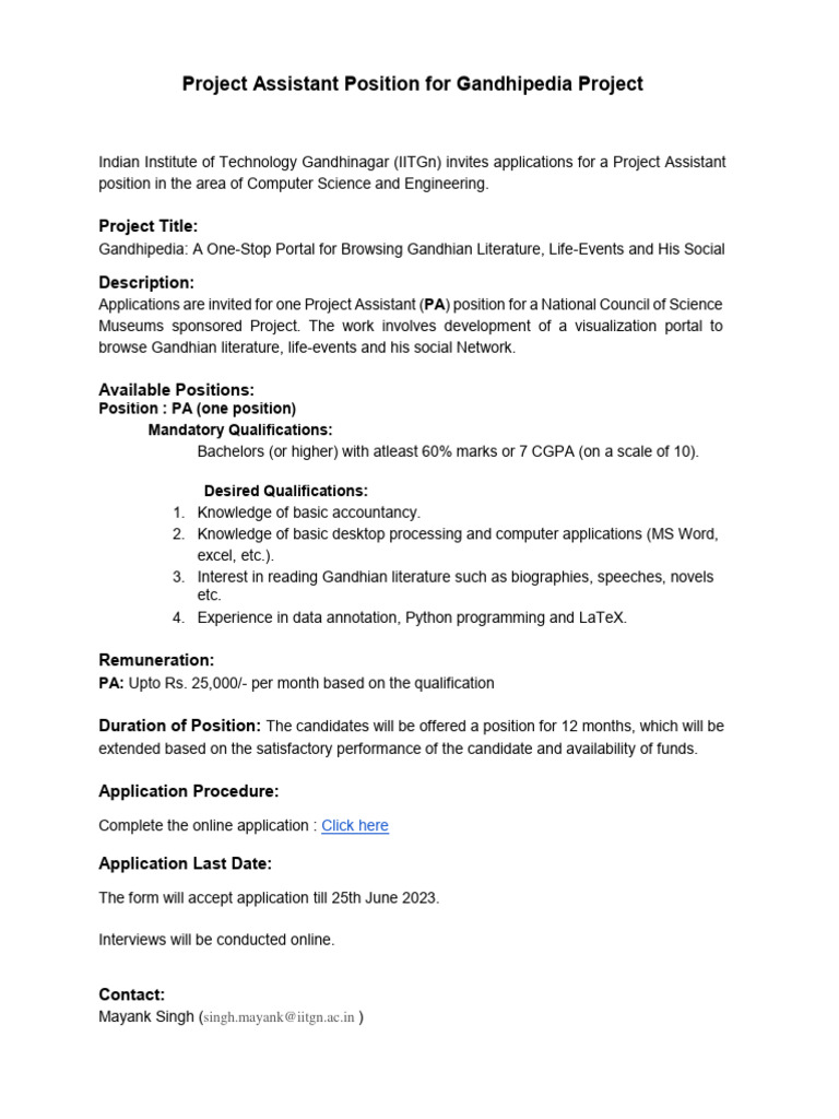 Project Assistant Role at IITGn Gandhipedia | PDF