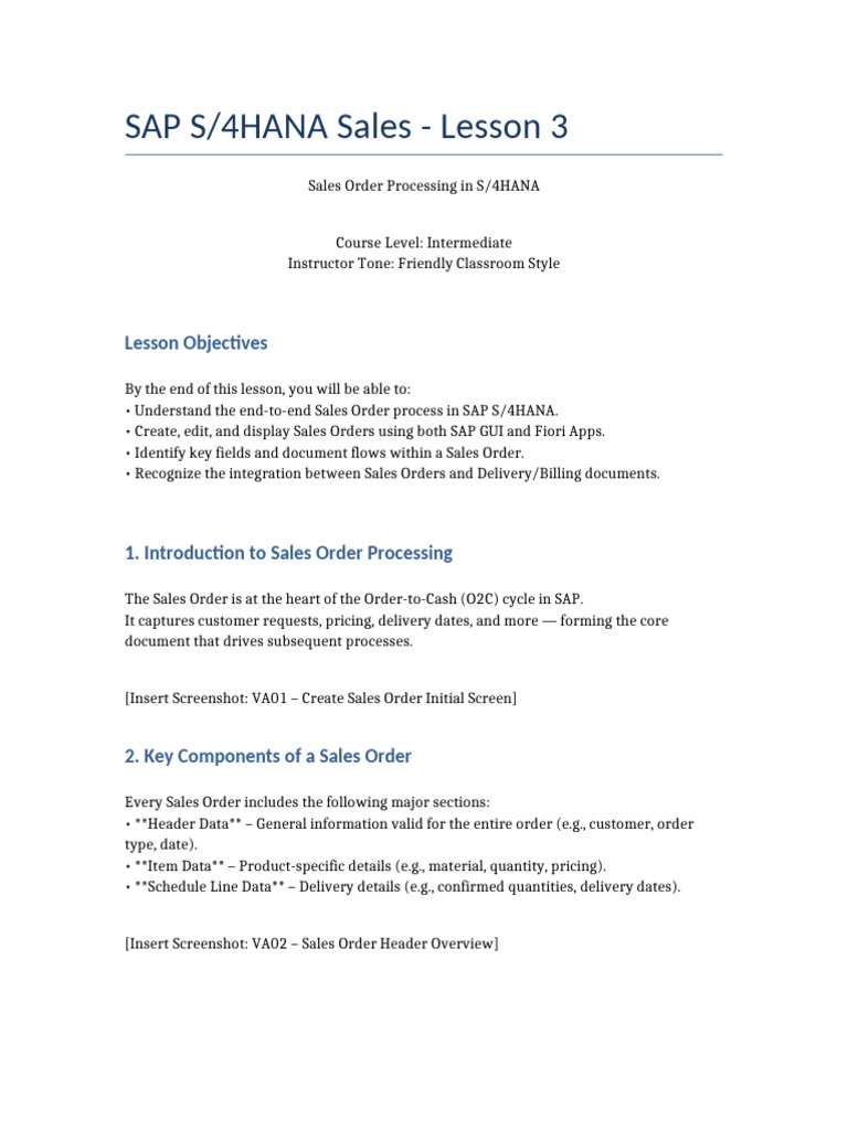 SAP S4HANA Sales Lesson 3 Sales Order Processing | PDF | Business ...