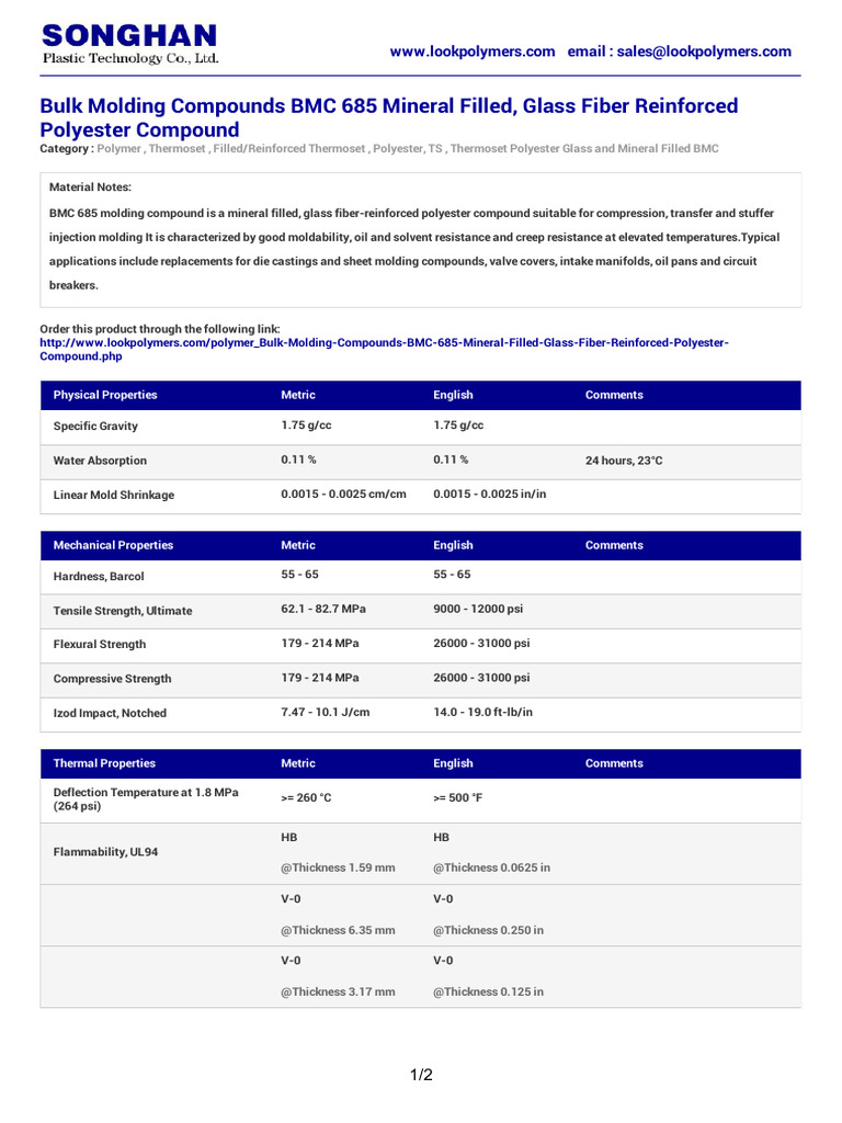 Bulk Molding Compounds BMC 685 Mineral Filled Glass Fiber Reinforced ...