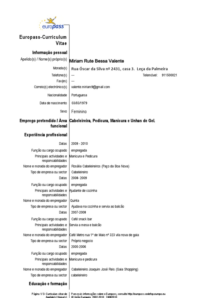 Miriam - CV Europass | PDF | Ciência cognitiva | Cognição