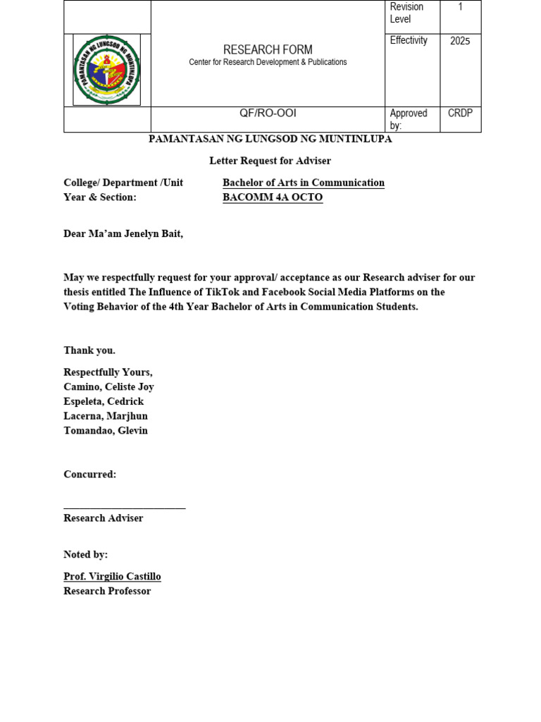 Research Request For Adviser Form PDF | PDF