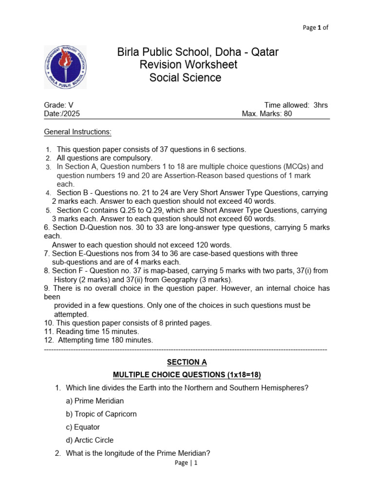 Grade V Social Science Revision Worksheet | PDF | Tropics | Mountains