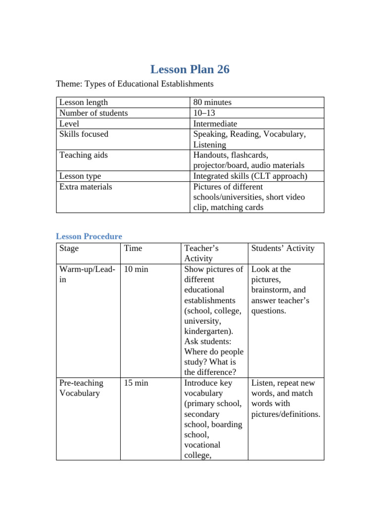 Types of Educational Establishments Lesson | PDF | Reading ...