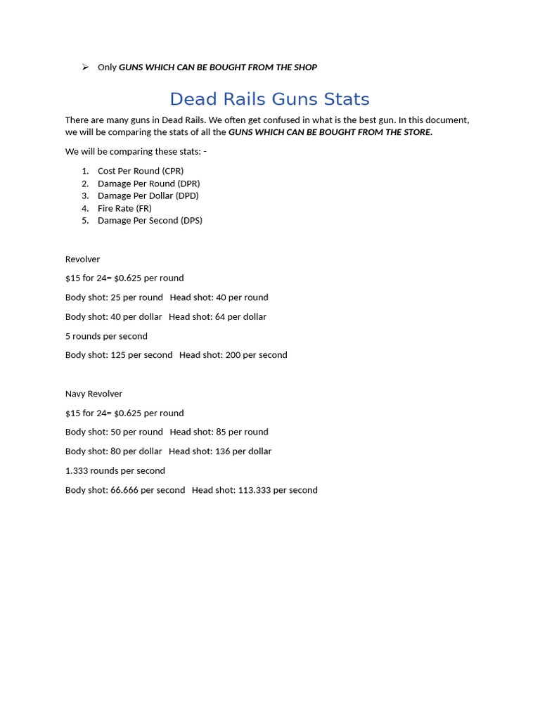 Dead Rails Guns: Damage Per Round Stats | PDF