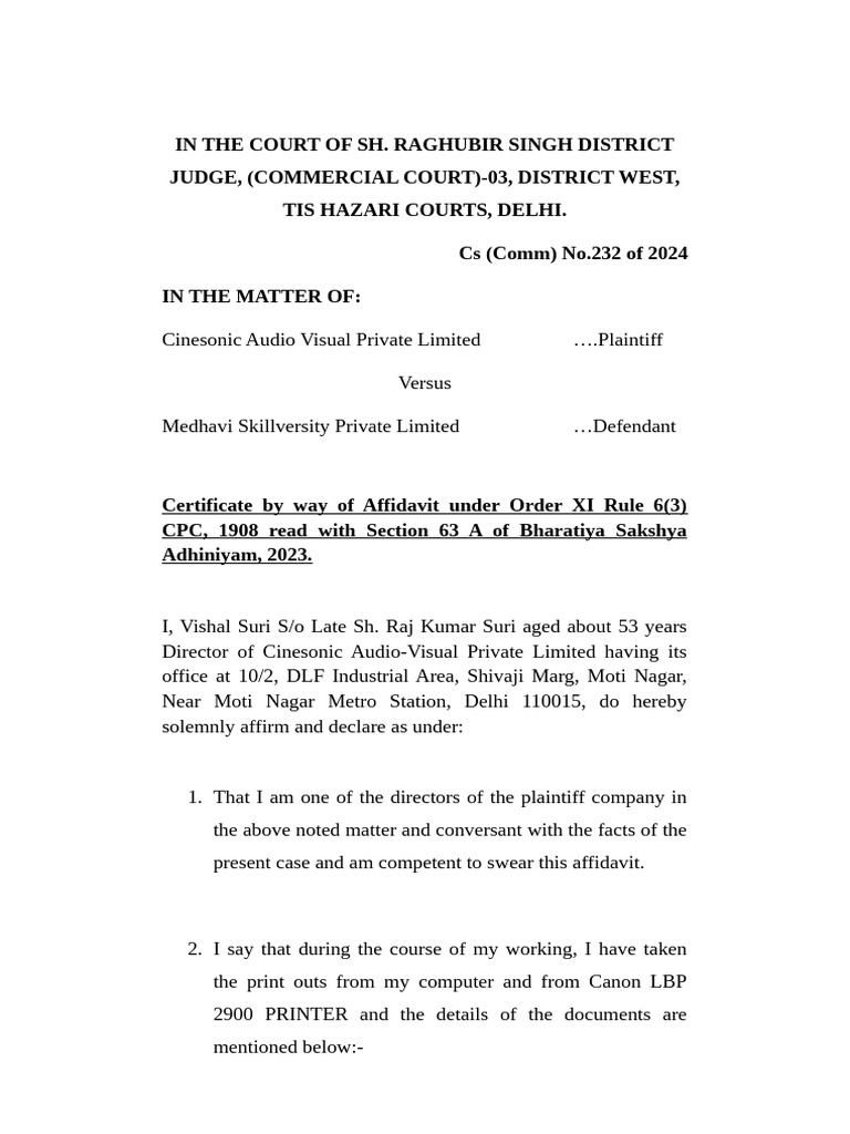 Certificate Under Section 63A - Cinesonic Audio - Medhavi Skillversity | PDF | Affidavit