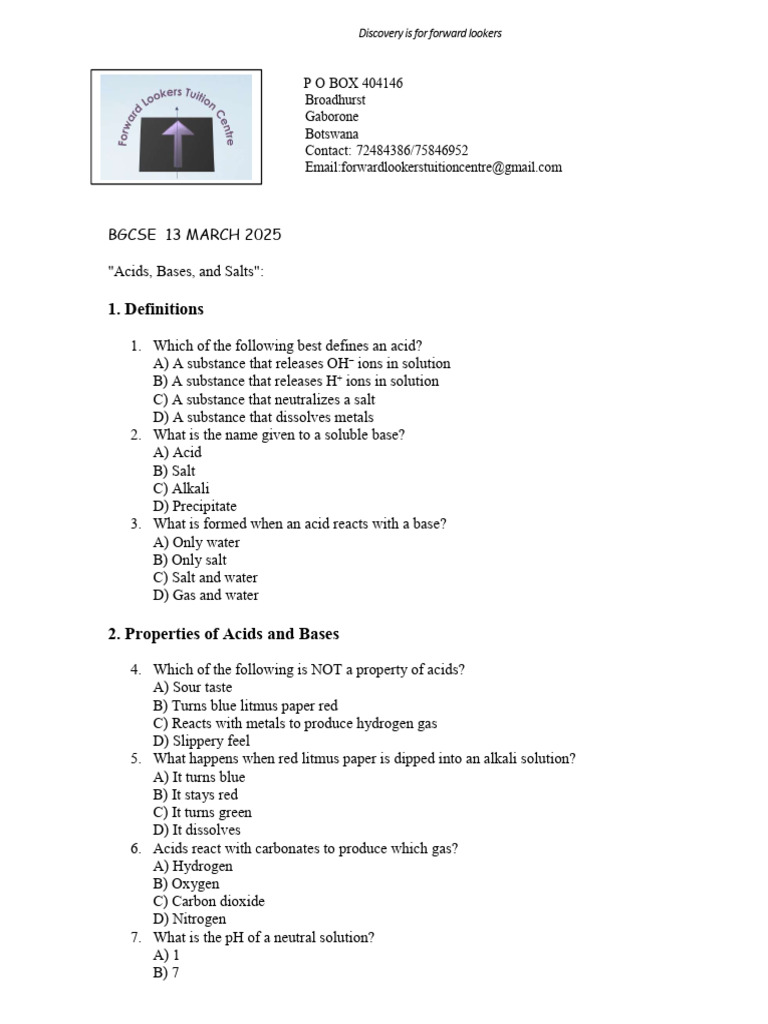 13 March Sda Chem Acids and Bases Test | PDF | Acid | Salt (Chemistry)