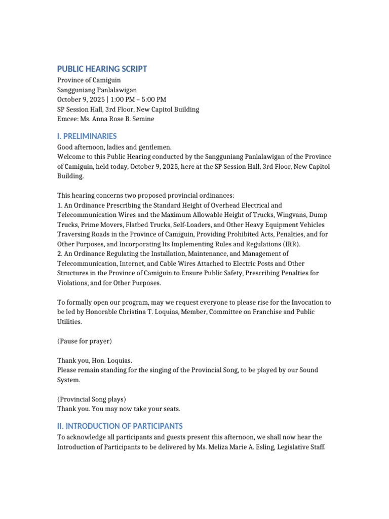 Public Hearing Emcee Script | PDF | Government