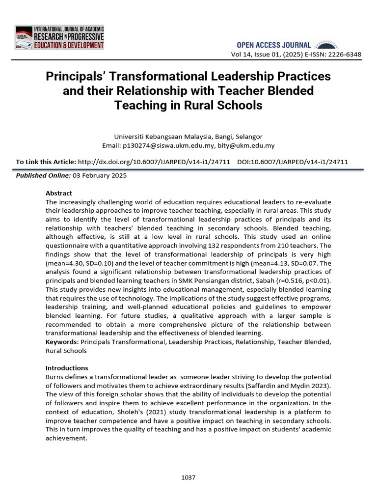 Principals' Transformational Leadership Practices and Their ...