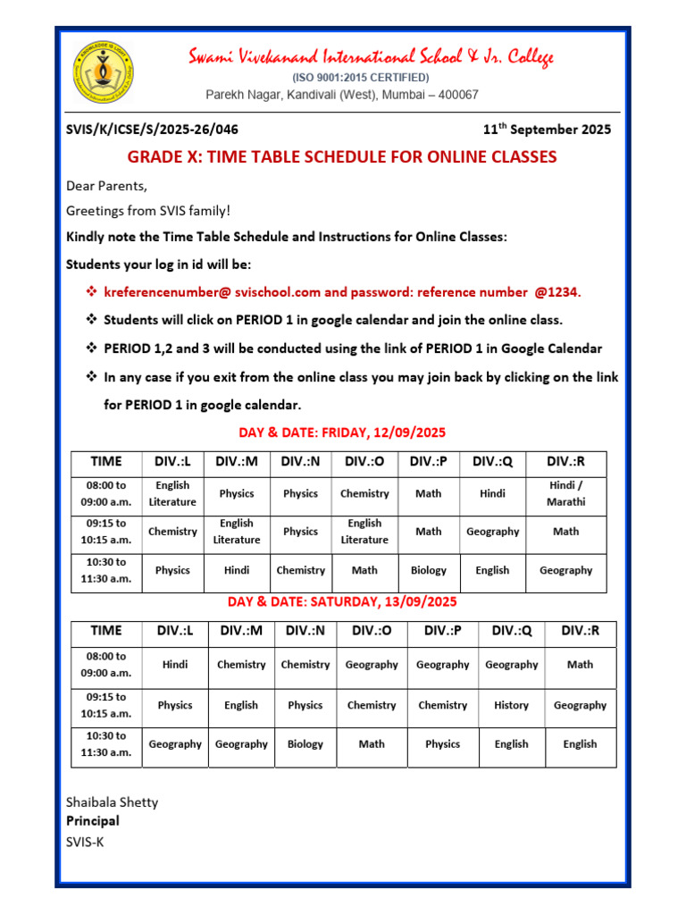 Grade X Time Table Schedule For Online Classes On 12 13 September 2025 ...