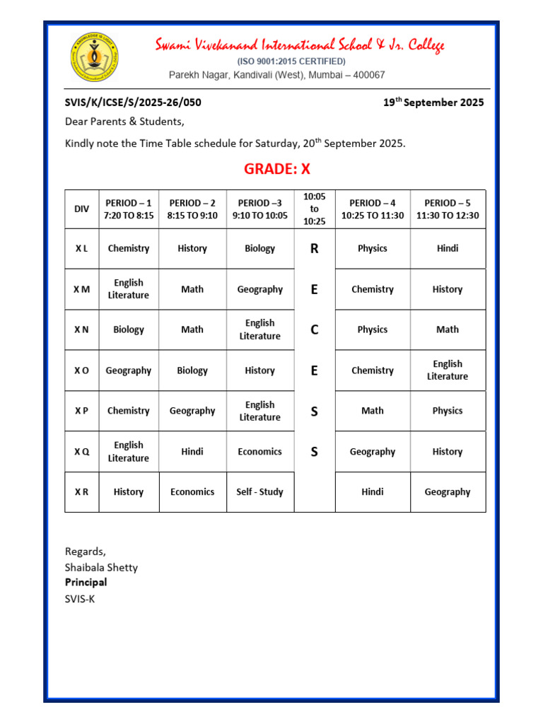 Grade X Time Table Schedule For Saturday 20 September 2025 | PDF