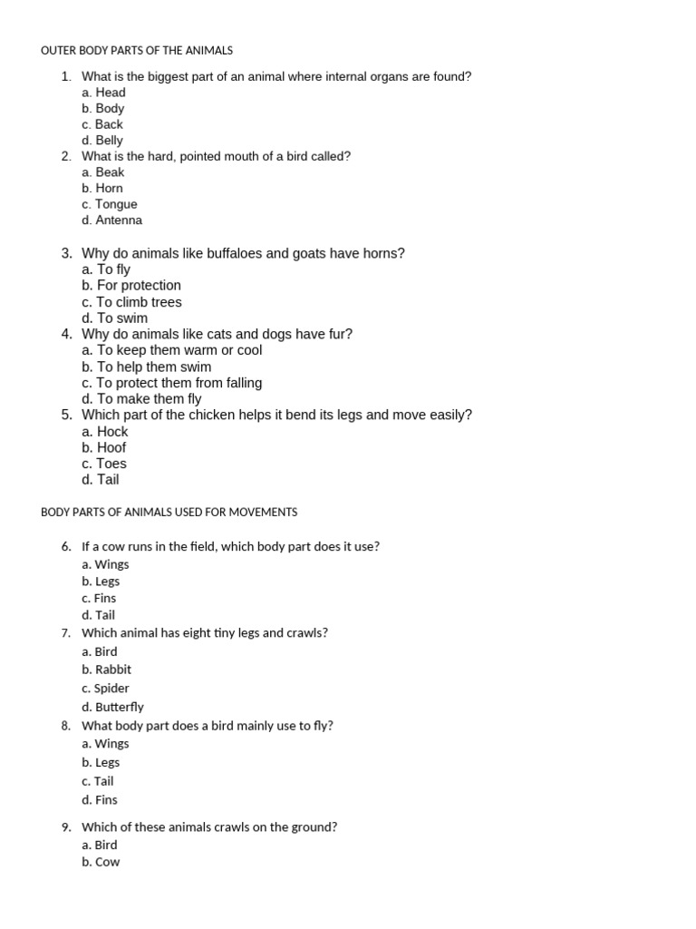 Evaluation Test (Body Parts of Animals) | PDF